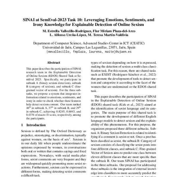 SINAI at SemEval-2023 Task 10: Leveraging Emotions, Sentiments, and Irony Knowledge for ...