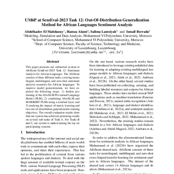 UM6P at SemEval-2023 Task 12: Out-Of-Distribution Generalization Method for African Languages ...