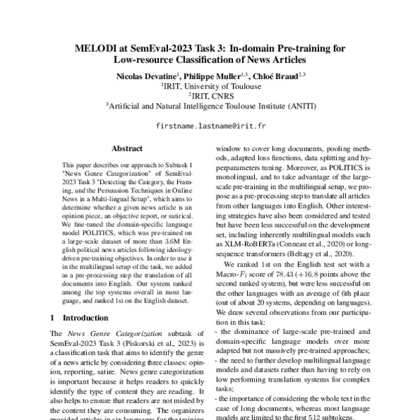 MELODI at SemEval-2023 Task 3: In-domain Pre-training for Low-resource Classification of News ...
