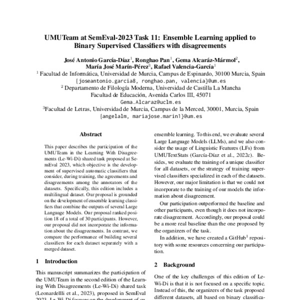 UMUTeam at SemEval-2023 Task 11: Ensemble Learning applied to Binary Supervised Classifiers with ...