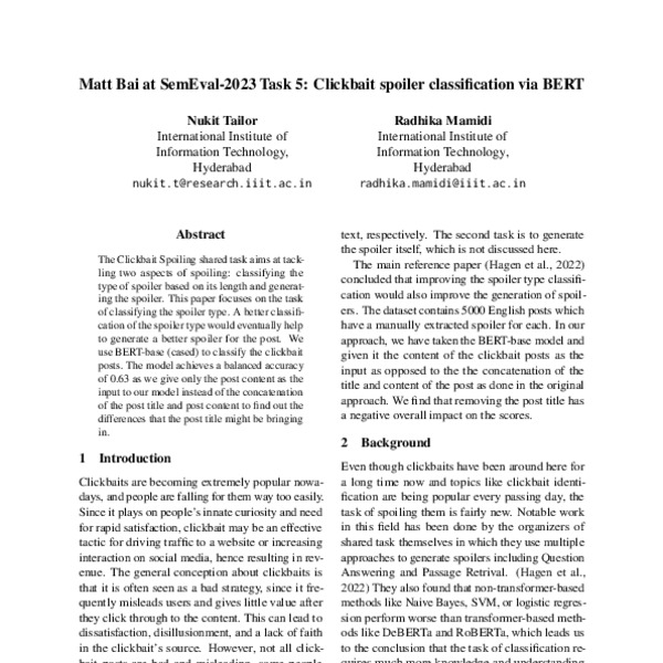 Matt Bai at SemEval-2023 Task 5: Clickbait spoiler classification via BERT - ACL Anthology