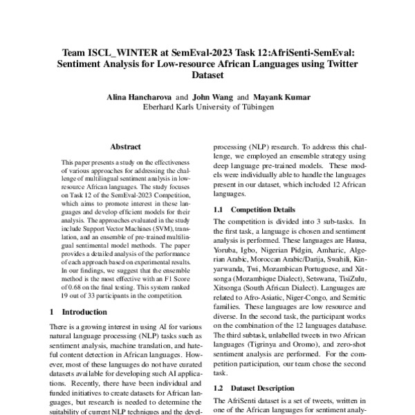 Team ISCL_WINTER at SemEval-2023 Task 12:AfriSenti-SemEval: Sentiment Analysis for Low-resource ...