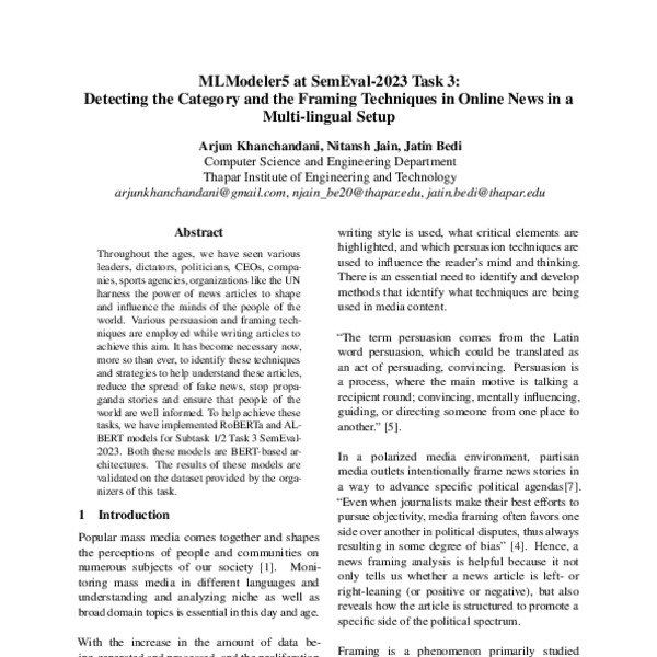 MLModeler5 at SemEval-2023 Task 3: Detecting the Category and the Framing Techniques in Online ...