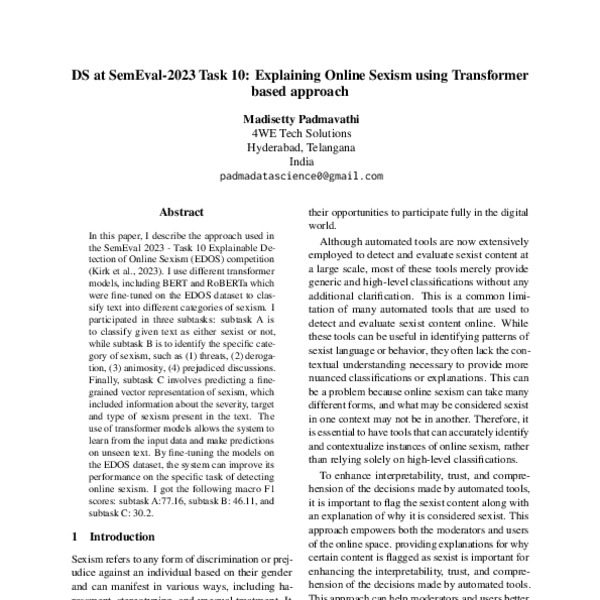 DS at SemEval-2023 Task 10: Explaining Online Sexism using Transformer based Approach - ACL ...