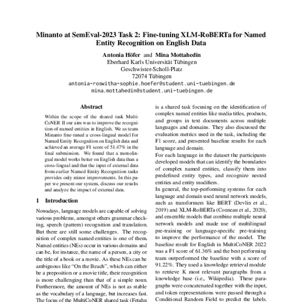 Minanto at SemEval-2023 Task 2: Fine-tuning XLM-RoBERTa for Named Entity Recognition on English ...