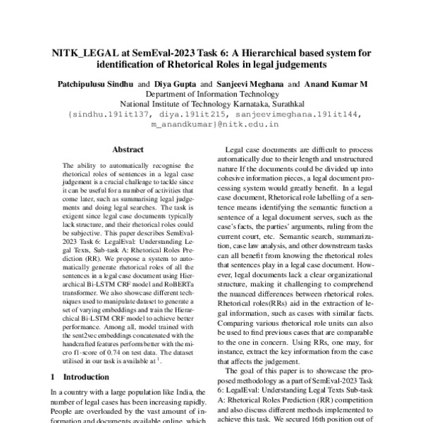 NITK_LEGAL at SemEval-2023 Task 6: A Hierarchical based system for identification of Rhetorical ...