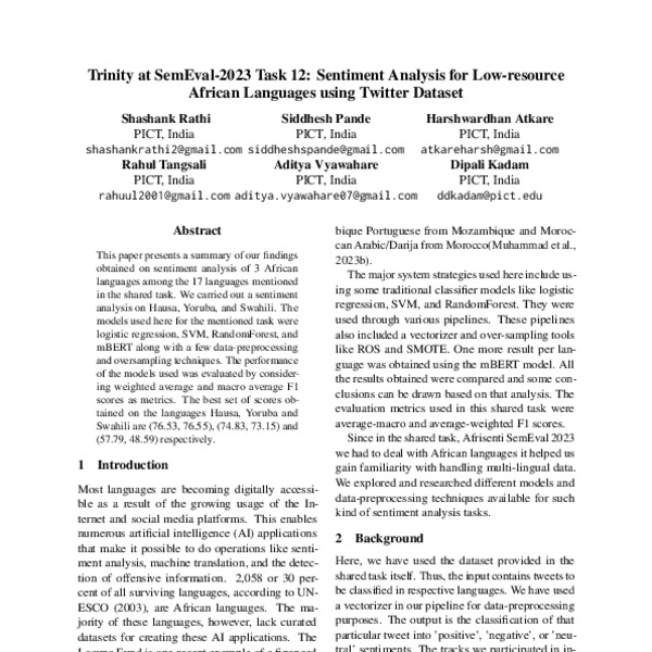 Trinity at SemEval-2023 Task 12: Sentiment Analysis for Low-resource African Languages using ...