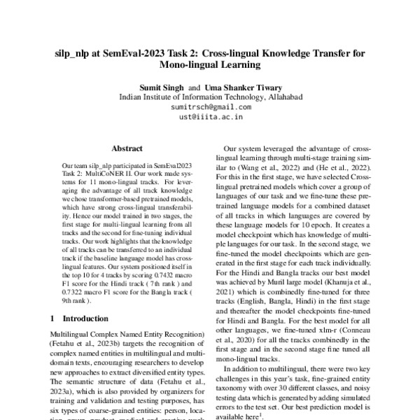 Silp_nlp at SemEval-2023 Task 2: Cross-lingual Knowledge Transfer for Mono-lingual Learning ...