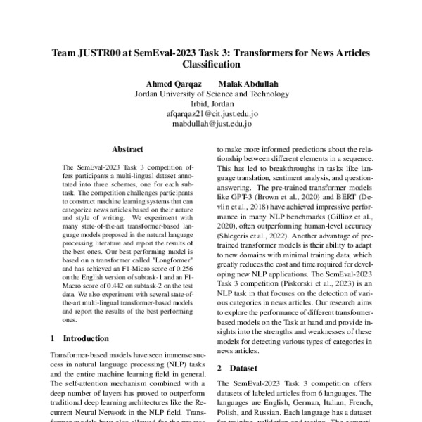 Team JUSTR00 at SemEval-2023 Task 3: Transformers for News Articles Classification - ACL Anthology