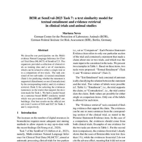 Bf3R at SemEval-2023 Task 7: a text similarity model for textual entailment and evidence ...