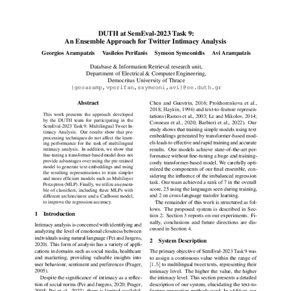 DUTH at SemEval-2023 Task 9: An Ensemble Approach for Twitter Intimacy Analysis - ACL Anthology