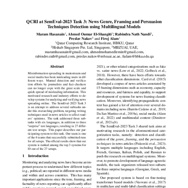 QCRI at SemEval-2023 Task 3: News Genre, Framing and Persuasion Techniques Detection Using ...