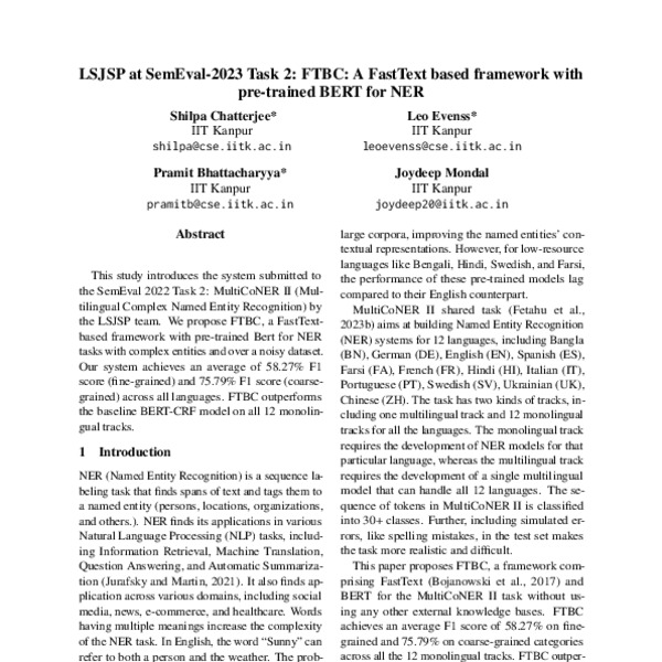 LSJSP at SemEval-2023 Task 2: FTBC: A FastText based framework with pre-trained BERT for NER ...