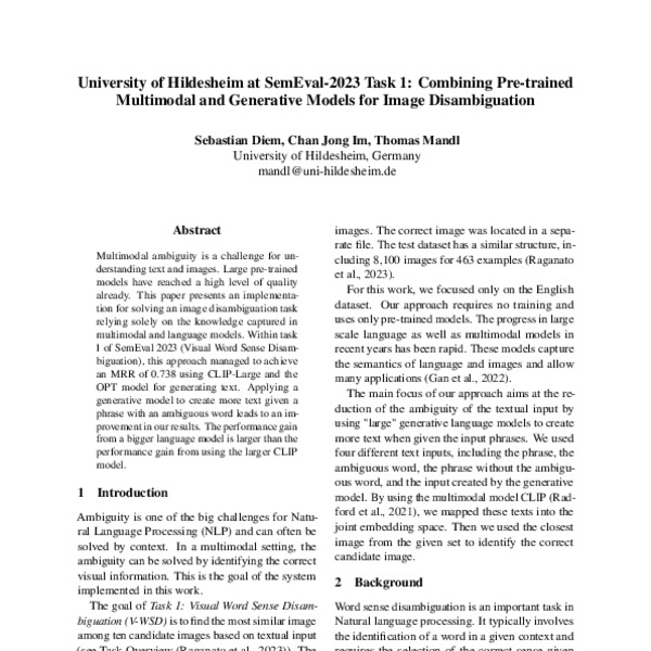 University Of Hildesheim At Semeval 2023 Task 1 Combining Pre Trained Multimodal And Generative