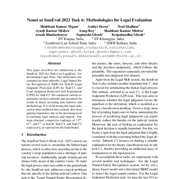 Nonet at SemEval-2023 Task 6: Methodologies for Legal Evaluation - ACL Anthology