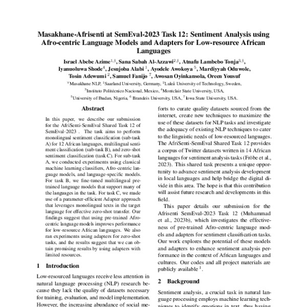 Masakhane-Afrisenti at SemEval-2023 Task 12: Sentiment Analysis using Afro-centric Language ...
