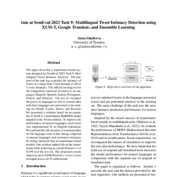 tmn at SemEval-2023 Task 9: Multilingual Tweet Intimacy Detection Using XLM-T, Google Translate ...
