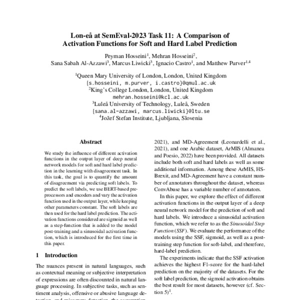 Lon-eå at SemEval-2023 Task 11: A Comparison of Activation Functions for Soft and Hard Label ...