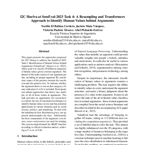 I2C Huelva at SemEval-2023 Task 4: A Resampling and Transformers Approach to Identify Human ...