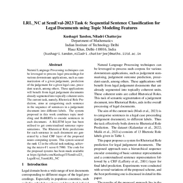 Lrlnc At Semeval 2023 Task 6 Sequential Sentence Classification For Legal Documents Using