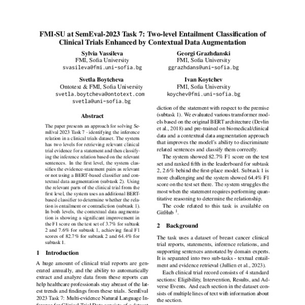 FMI-SU at SemEval-2023 Task 7: Two-level Entailment Classification of Clinical Trials Enhanced ...