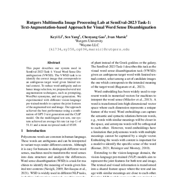 Rutgers Multimedia Image Processing Lab at SemEval-2023 Task-1: Text-Augmentation-based Approach ...