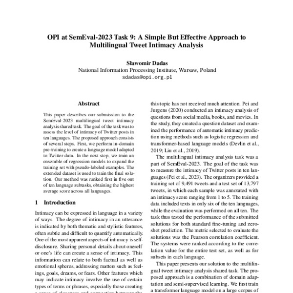 OPI at SemEval-2023 Task 9: A Simple But Effective Approach to Multilingual Tweet Intimacy ...