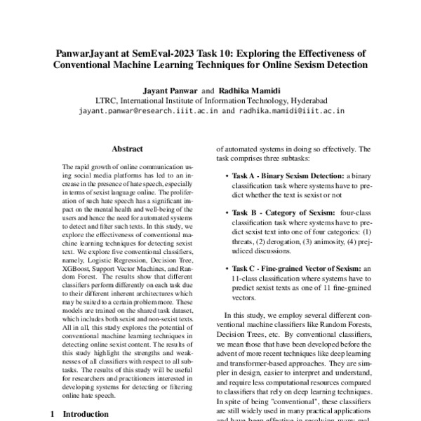 PanwarJayant at SemEval-2023 Task 10: Exploring the Effectiveness of Conventional Machine ...