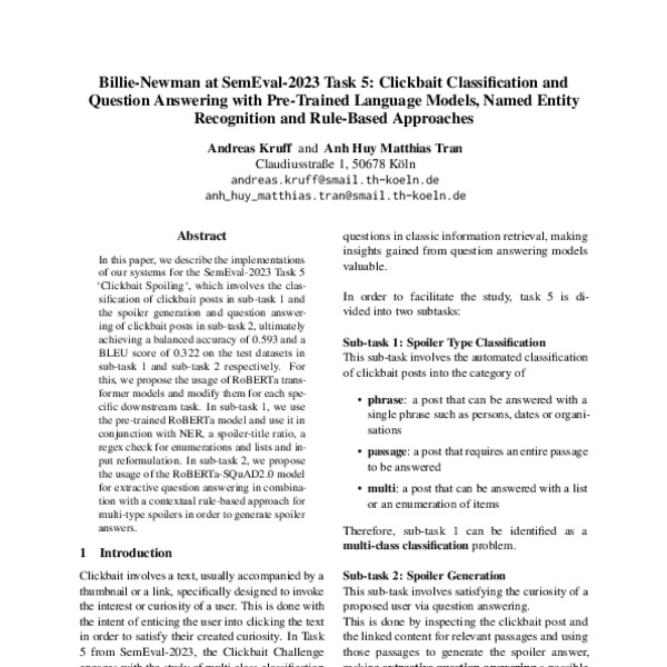Billie-Newman at SemEval-2023 Task 5: Clickbait Classification and Question Answering with Pre ...