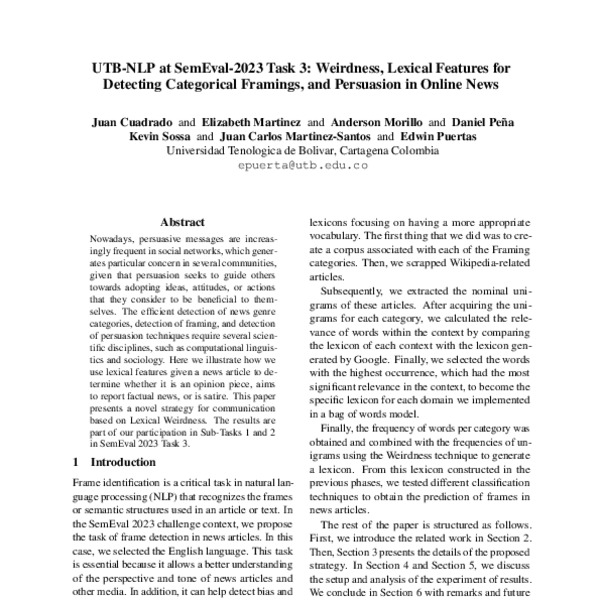 UTB-NLP at SemEval-2023 Task 3: Weirdness, Lexical Features for Detecting Categorical Framings ...