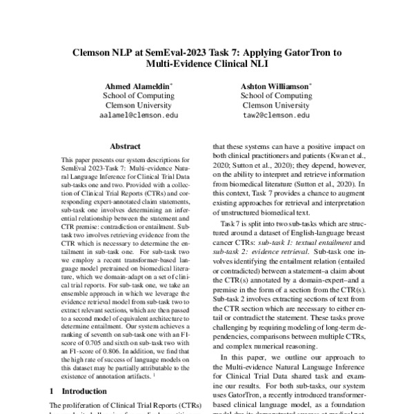 Clemson NLP at SemEval-2023 Task 7: Applying GatorTron to Multi-Evidence Clinical NLI - ACL ...