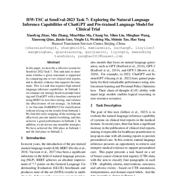 HW-TSC at SemEval-2023 Task 7: Exploring the Natural Language Inference Capabilities of ChatGPT ...
