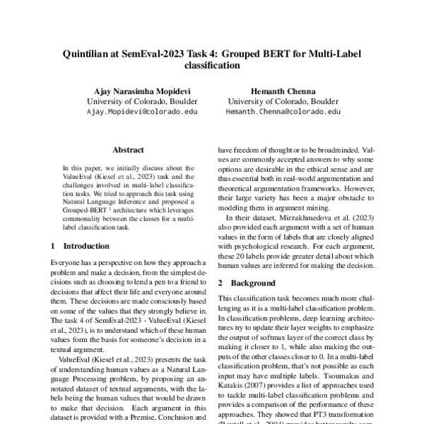Quintilian at SemEval-2023 Task 4: Grouped BERT for Multi-Label Classification - ACL Anthology