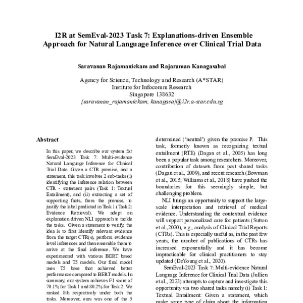 I2R at SemEval-2023 Task 7: Explanations-driven Ensemble Approach for Natural Language Inference ...