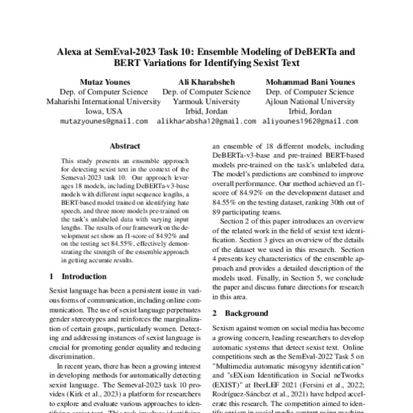 Alexa At Semeval 2023 Task 10 Ensemble Modeling Of Deberta And Bert Variations For Identifying