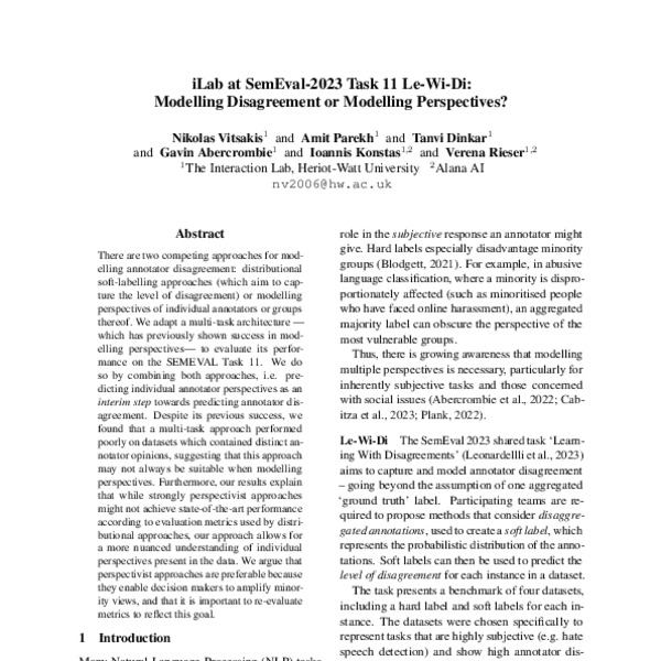 iLab at SemEval-2023 Task 11 Le-Wi-Di: Modelling Disagreement or Modelling Perspectives? - ACL ...