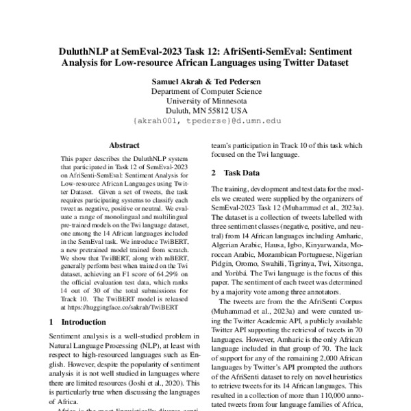 DuluthNLP at SemEval-2023 Task 12: AfriSenti-SemEval: Sentiment Analysis for Low-resource ...