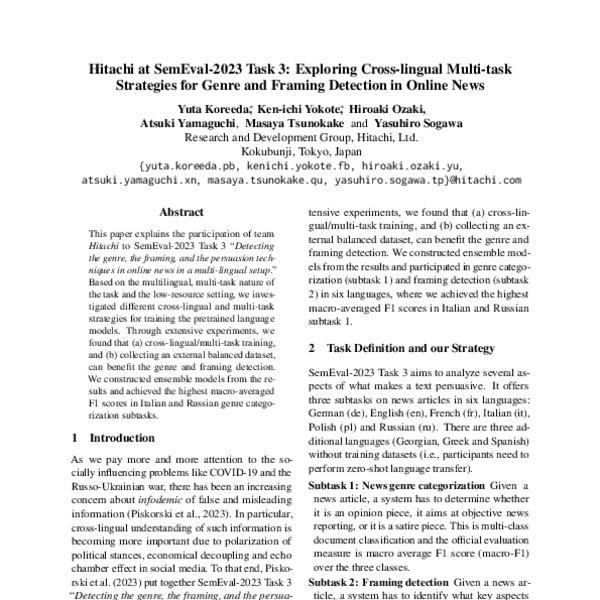 Hitachi at SemEval-2023 Task 3: Exploring Cross-lingual Multi-task Strategies for Genre and ...