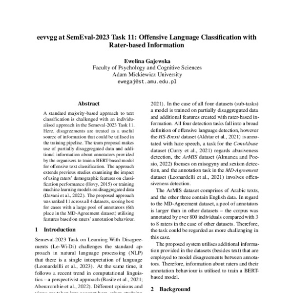 Eevvgg At Semeval 2023 Task 11 Offensive Language Classification With Rater Based Information