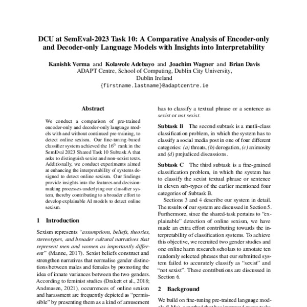 DCU at SemEval-2023 Task 10: A Comparative Analysis of Encoder-only and Decoder-only Language ...