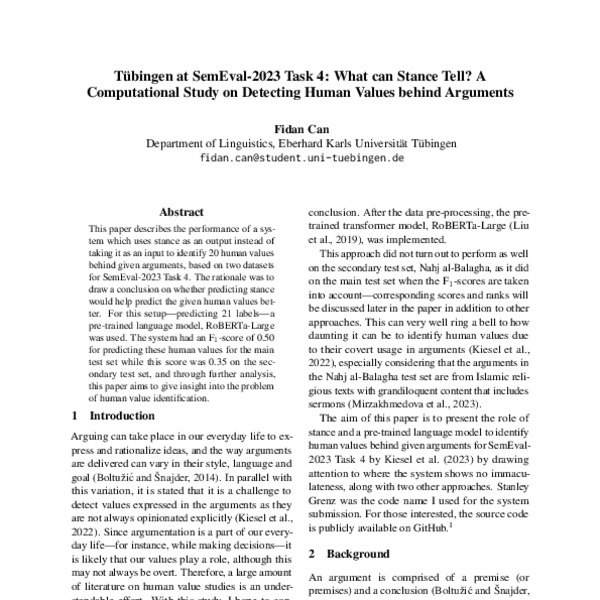 Tübingen at SemEval-2023 Task 4: What Can Stance Tell? A Computational Study on Detecting Human ...