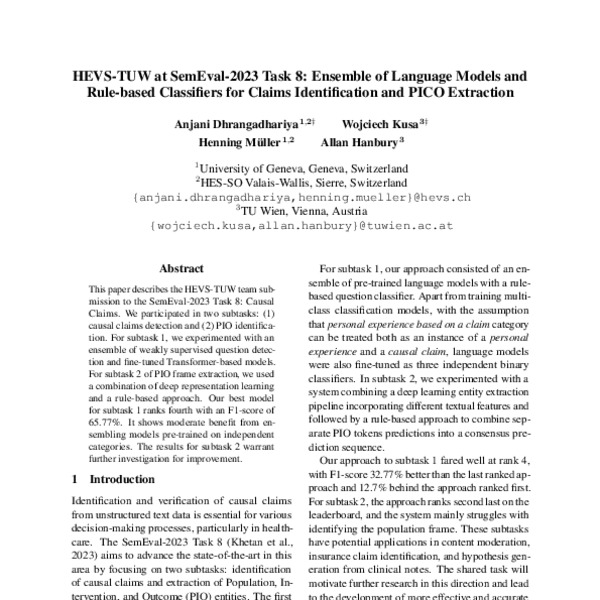 HEVS-TUW at SemEval-2023 Task 8: Ensemble of Language Models and Rule-based Classifiers for ...