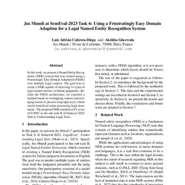 Jus Mundi at SemEval-2023 Task 6: Using a Frustratingly Easy Domain Adaption for a Legal Named ...