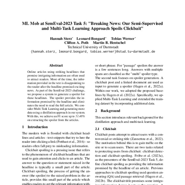 Ml Mob At Semeval 2023 Task 5 “breaking News Our Semi Supervised And Multi Task Learning