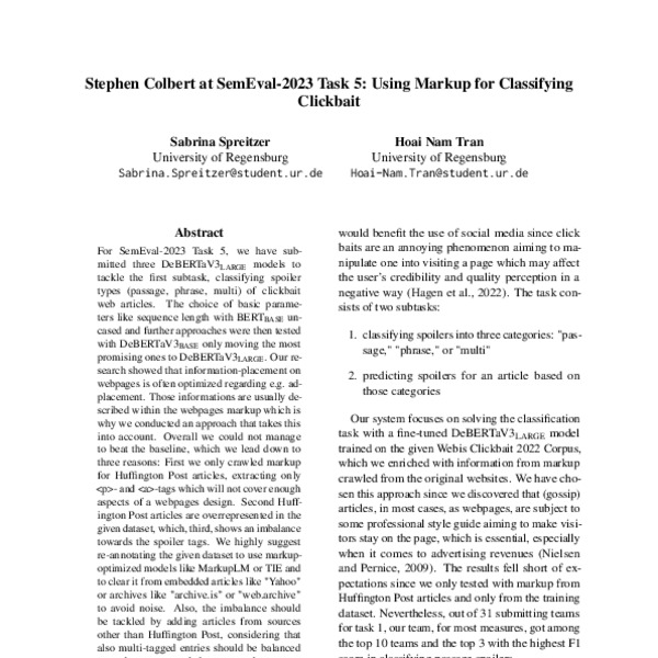 Stephen Colbert At Semeval 2023 Task 5 Using Markup For Classifying