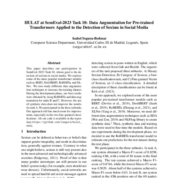 HULAT at SemEval-2023 Task 10: Data Augmentation for Pre-trained Transformers Applied to the ...