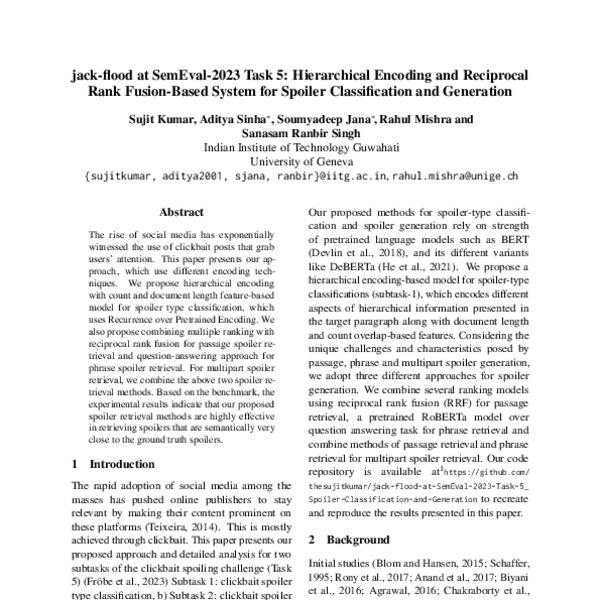 Jack-flood at SemEval-2023 Task 5:Hierarchical Encoding and Reciprocal ...