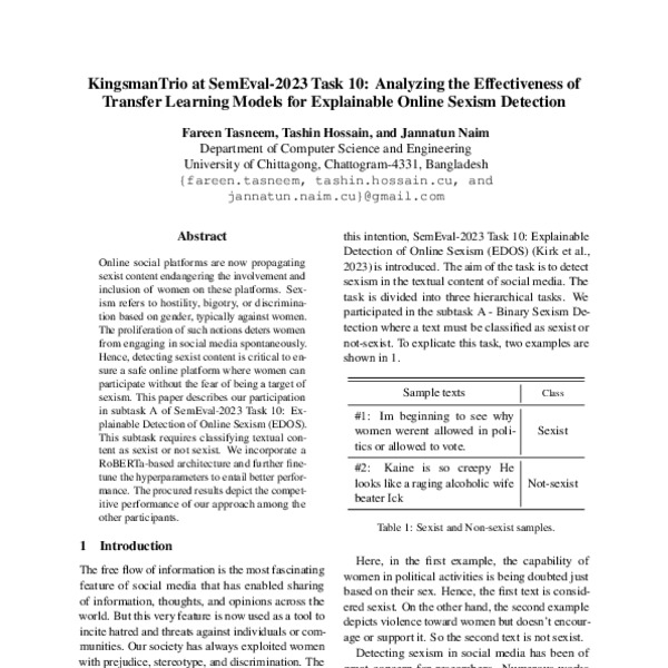 KingsmanTrio at SemEval-2023 Task 10: Analyzing the Effectiveness of Transfer Learning Models ...