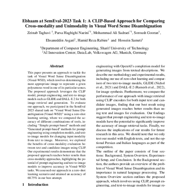 Ebhaam at SemEval-2023 Task 1: A CLIP-Based Approach for Comparing Cross-modality and ...