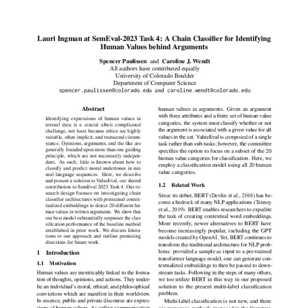 Lauri Ingman at SemEval-2023 Task 4: A Chain Classifier for Identifying Human Values behind ...
